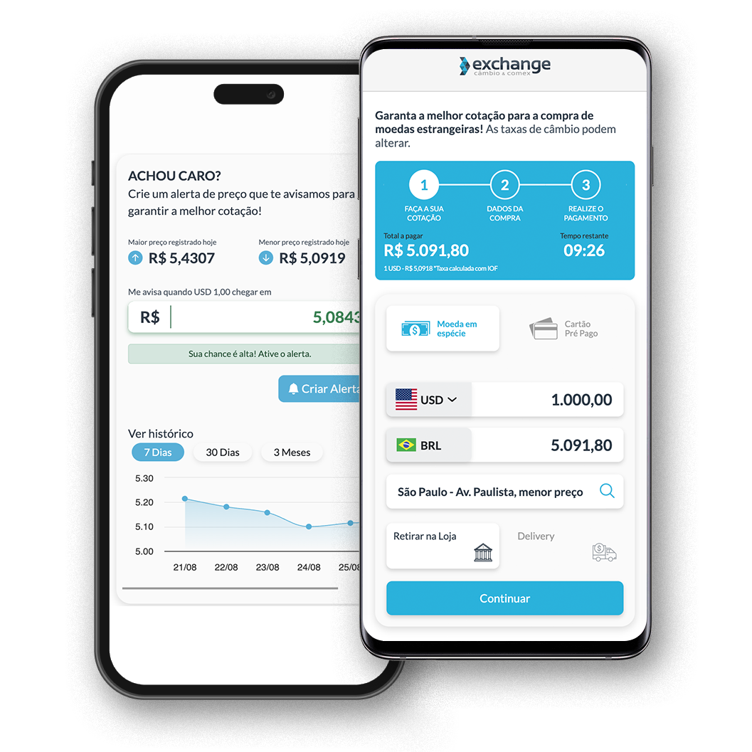 Imagem de dois celulares exibindo o aplicativo da Exchange